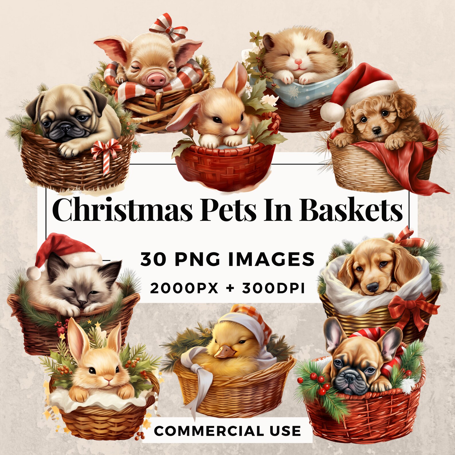 30 Christmas Pets in Baskets Clipart Pack INSTANT DOWNLOAD 30 Festive ...