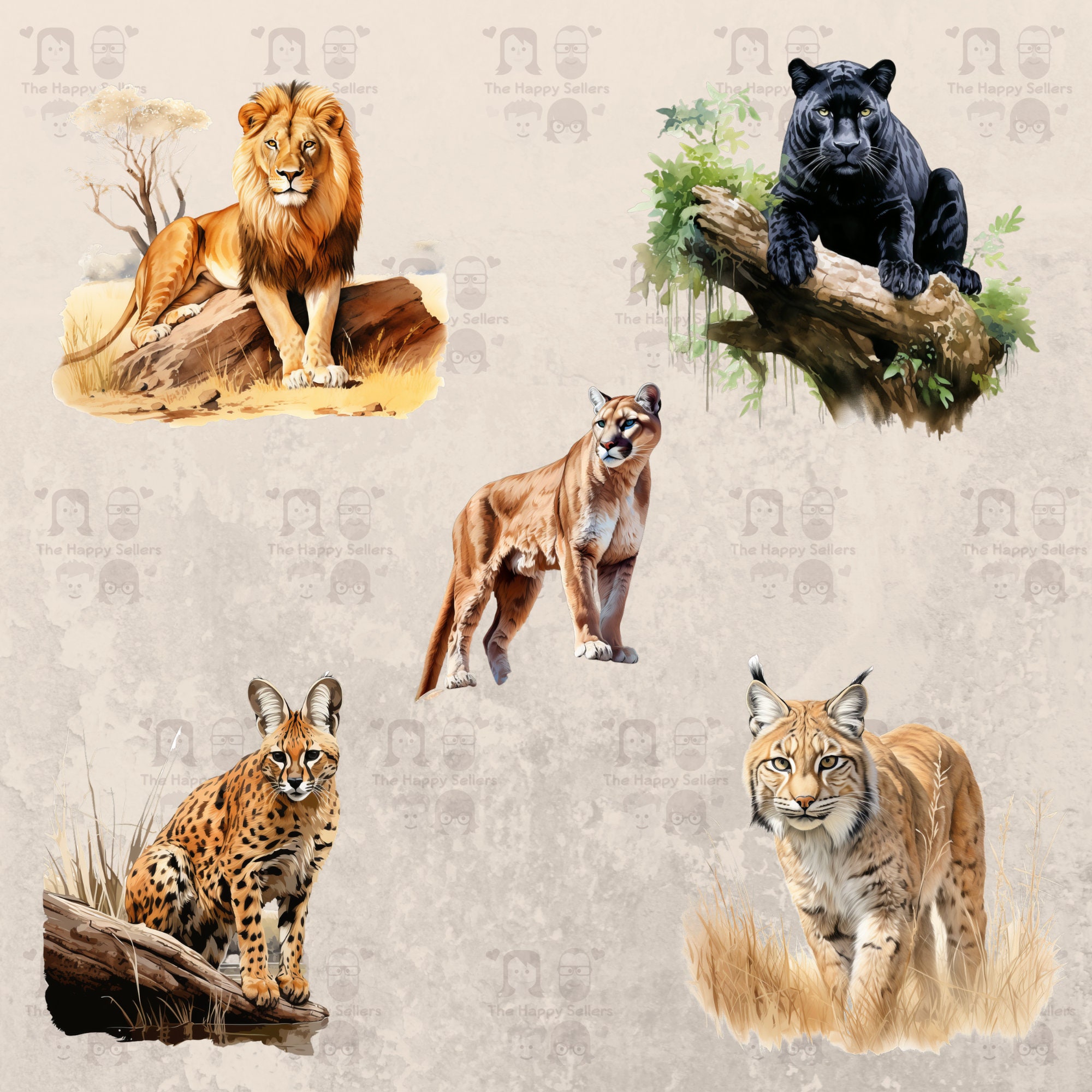 10 Big Cats Clipart Pack INSTANT DOWNLOAD 10 Majestic Big Cat Illustrations, PNG Transparent ...