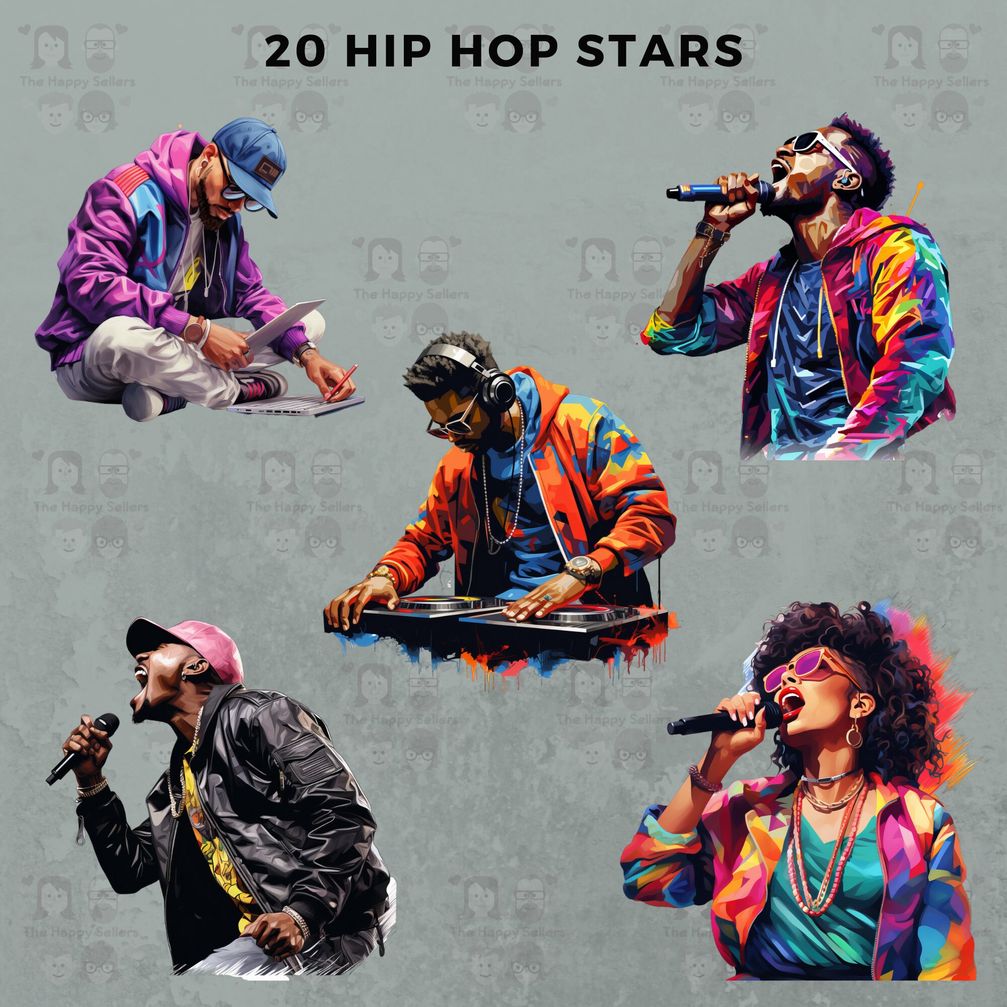 20 Hip Hop Stars Clipart Pack INSTANT DOWNLOAD 20 Hip Hop Illustrations ...