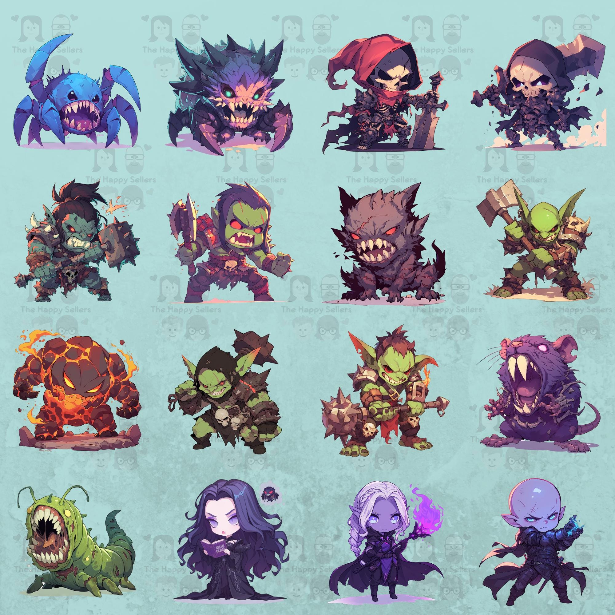 30 Chibi Fantasy Evil Characters Clipart Pack INSTANT DOWNLOAD 30 PNG ...