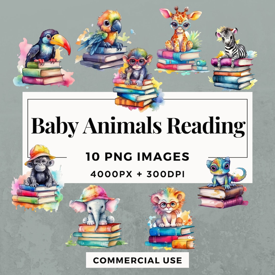 10 Baby Animals Reading Clipart Pack INSTANT DOWNLOAD Wildlife Art, PNG ...