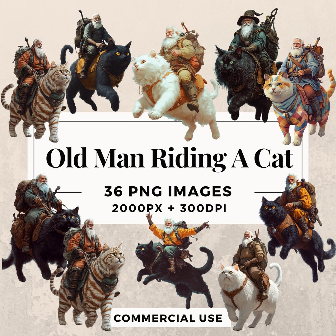 36 Old Man Riding a Cat Clipart Pack INSTANT DOWNLOAD 36 Quirky ...