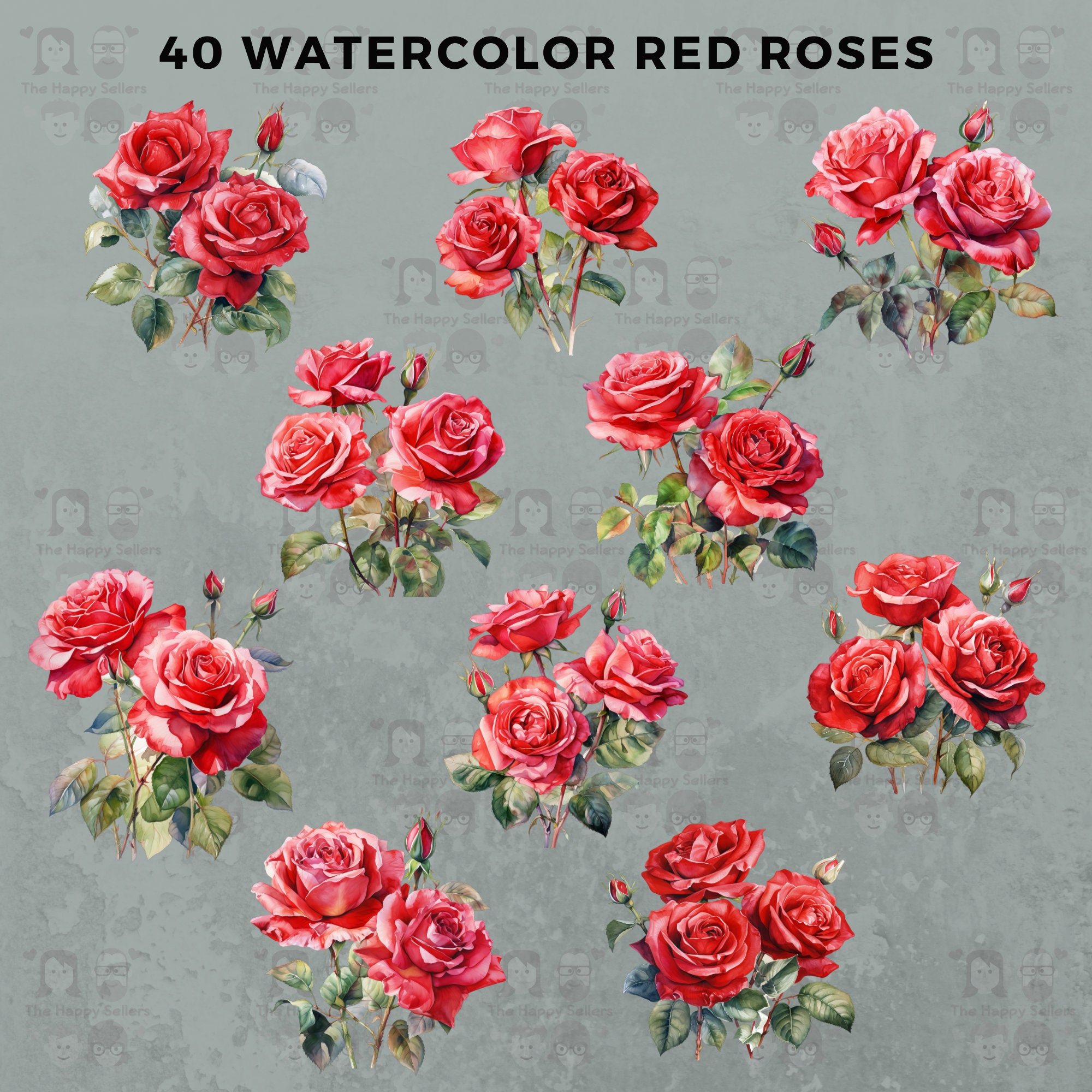 40 Watercolor Red Roses Clipart Pack INSTANT DOWNLOAD 40 - Etsy