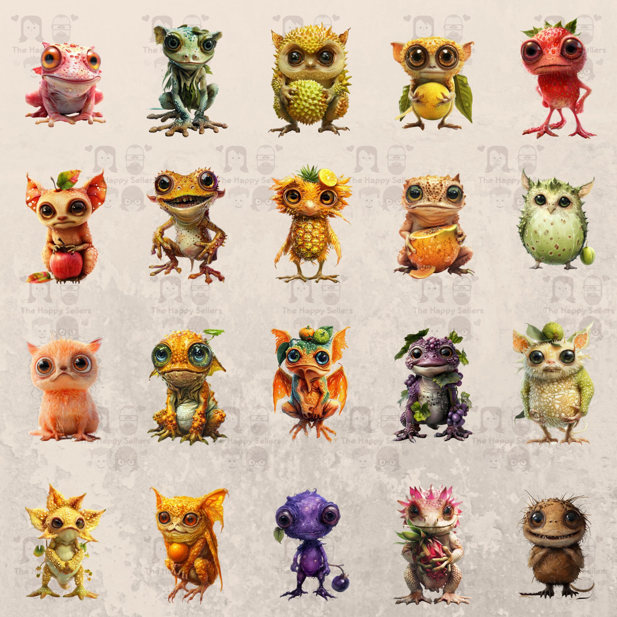 60 Fantasy Fruity Creatures Clipart Pack INSTANT DOWNLOAD 60 Fruit ...