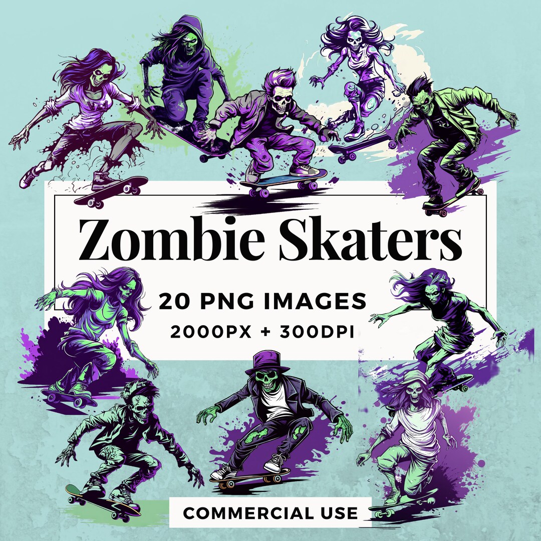 20 Zombie Skaters Clipart Pack INSTANT DOWNLOAD 20 Skateboarding Zombie ...