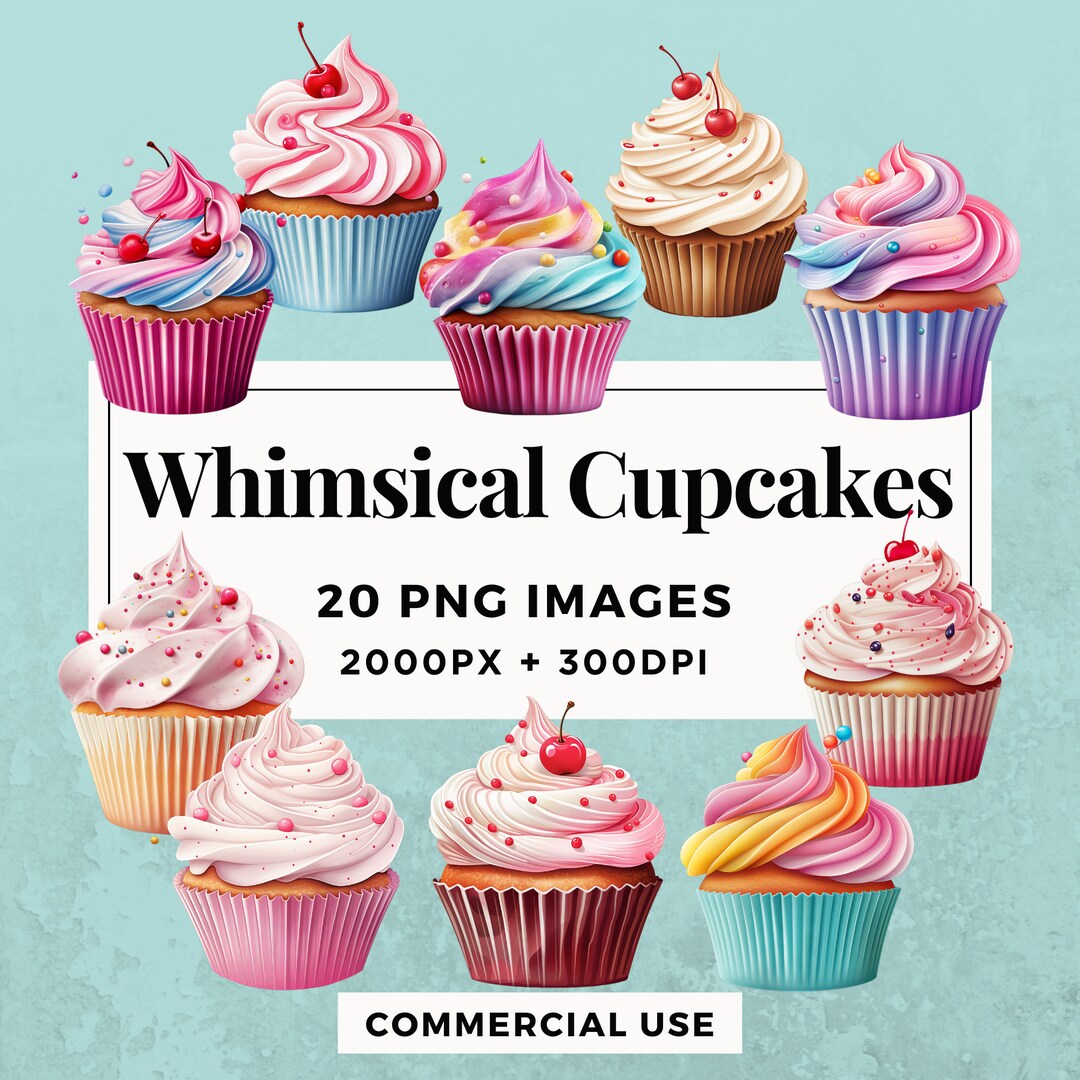 20 Whimsical Cupcakes Clipart Pack INSTANT DOWNLOAD 20 Charming Cupcake ...
