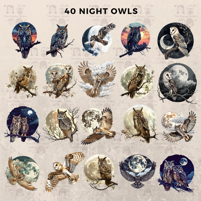 40 Night Owls Clipart Pack INSTANT DOWNLOAD 40 Night Owl Illustrations ...