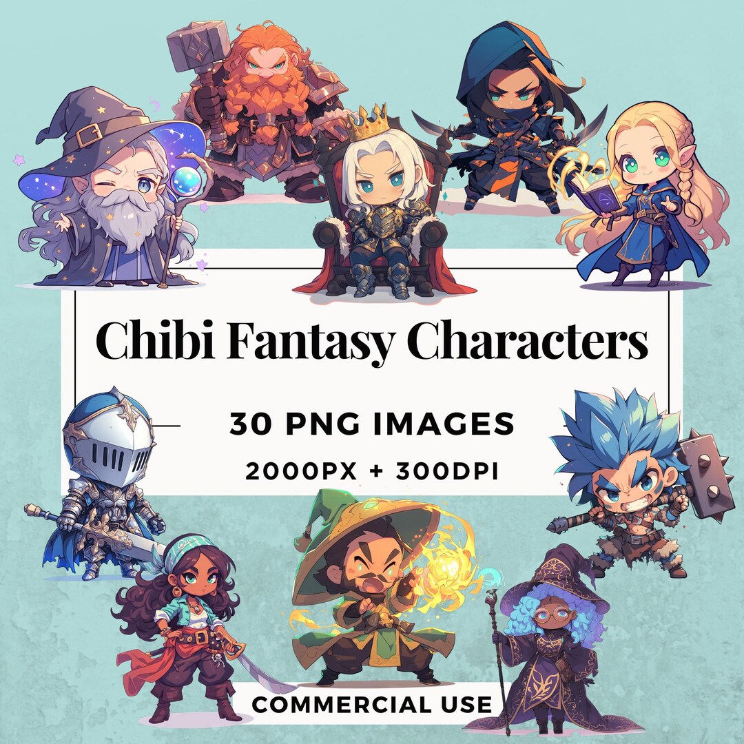 30 Chibi Fantasy Characters Clipart Pack INSTANT DOWNLOAD 30 PNG Images ...