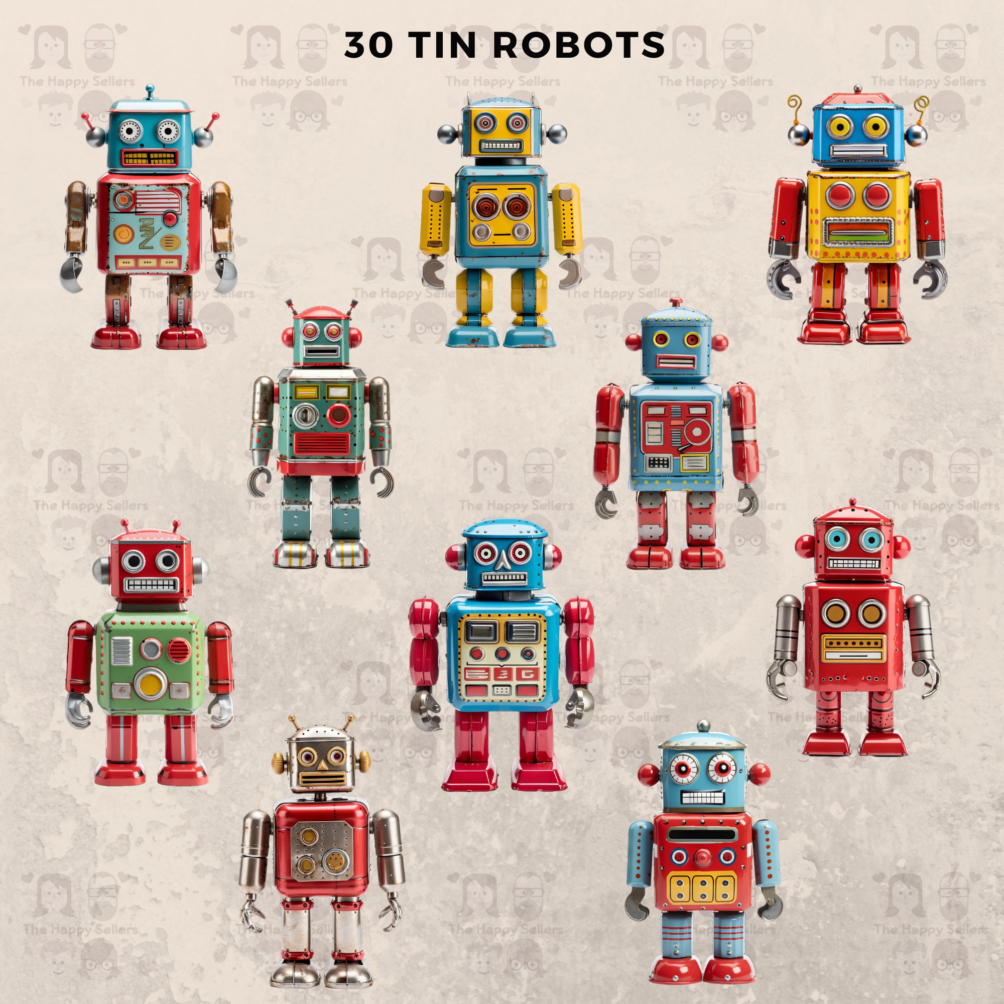 30 Tin Robots Clipart Pack INSTANT DOWNLOAD 30 Retro Tin Robot ...