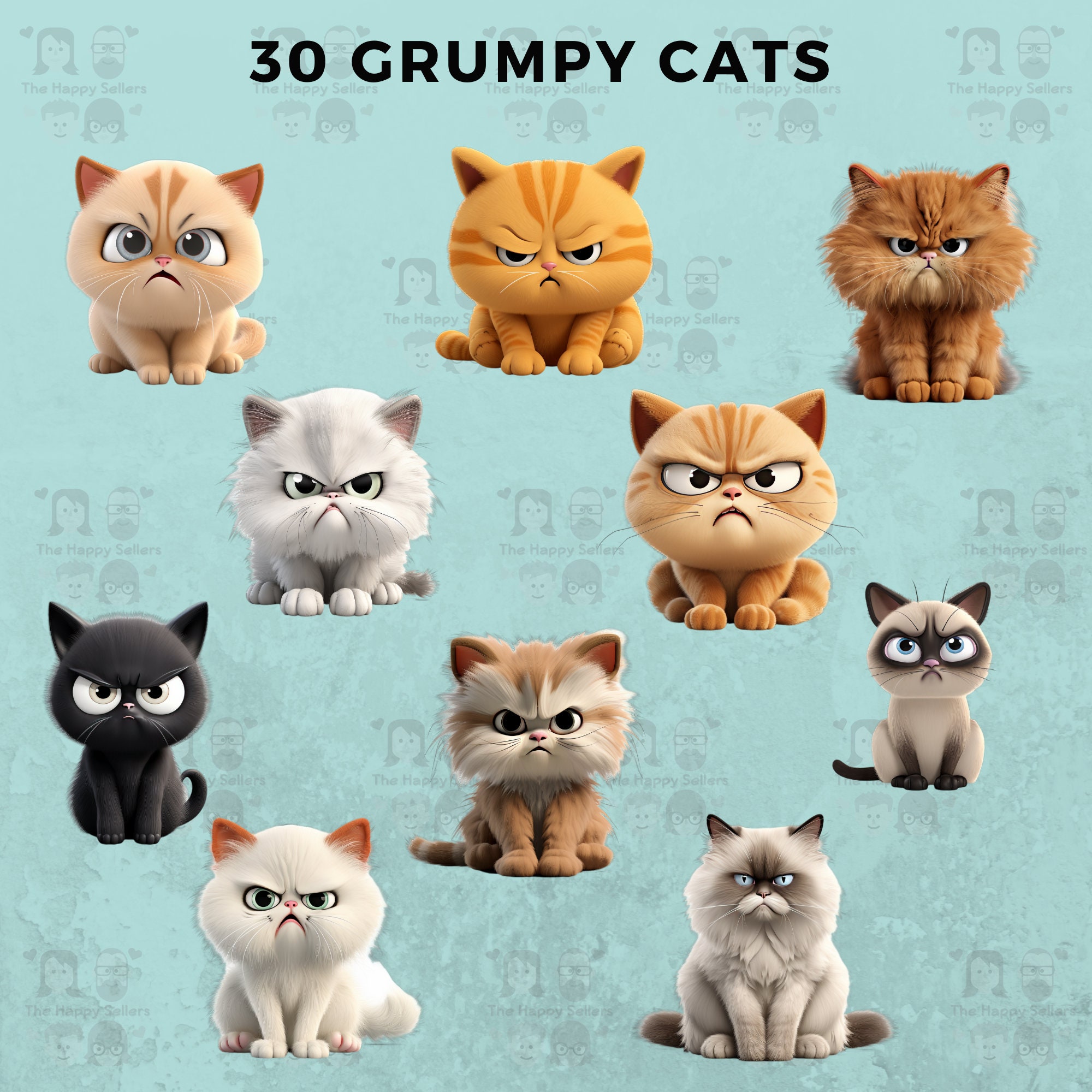 30 Grumpy Cats Clipart Pack INSTANT DOWNLOAD 30 Moody Feline ...