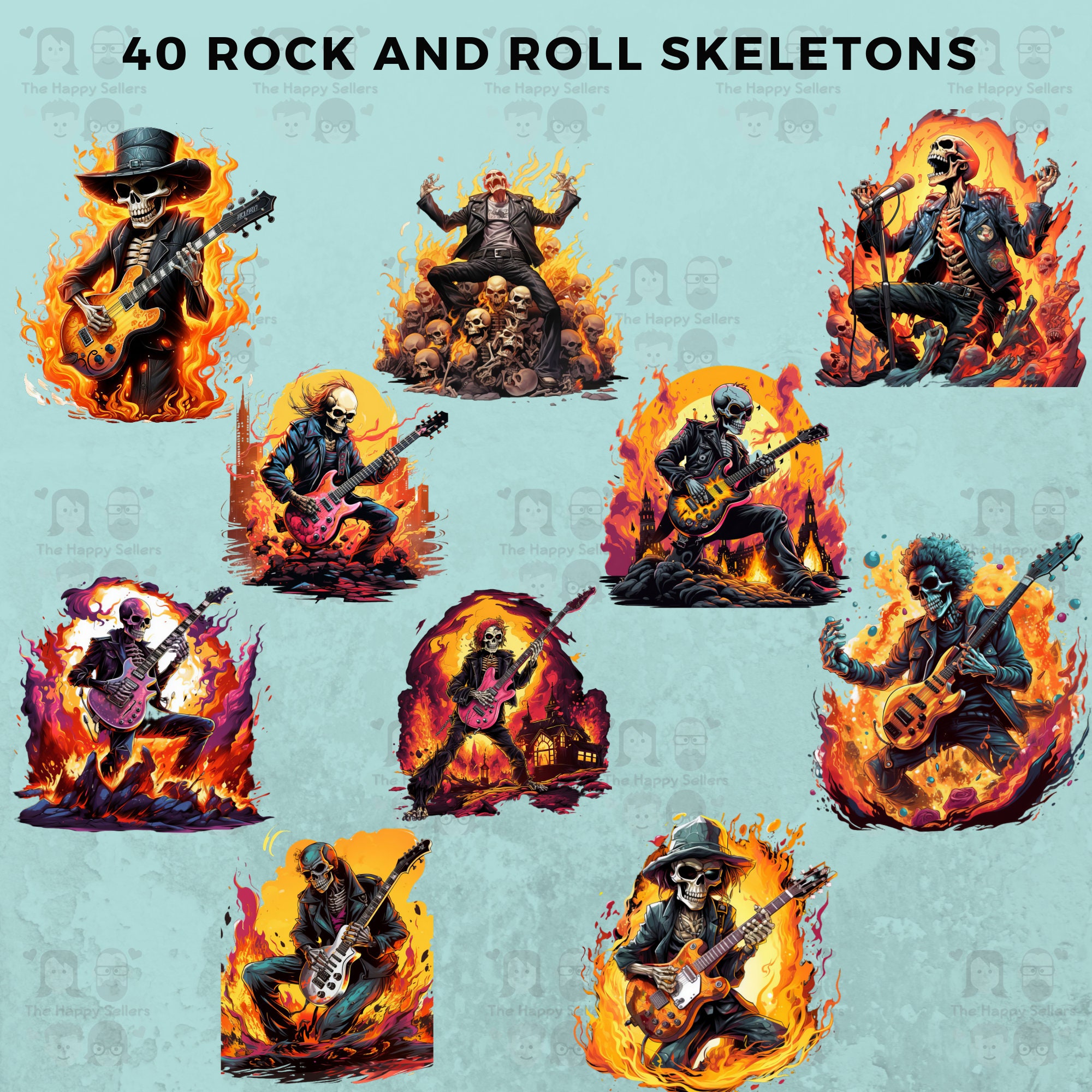 40 Rock and Roll Skeletons Clipart Pack INSTANT DOWNLOAD Musical ...