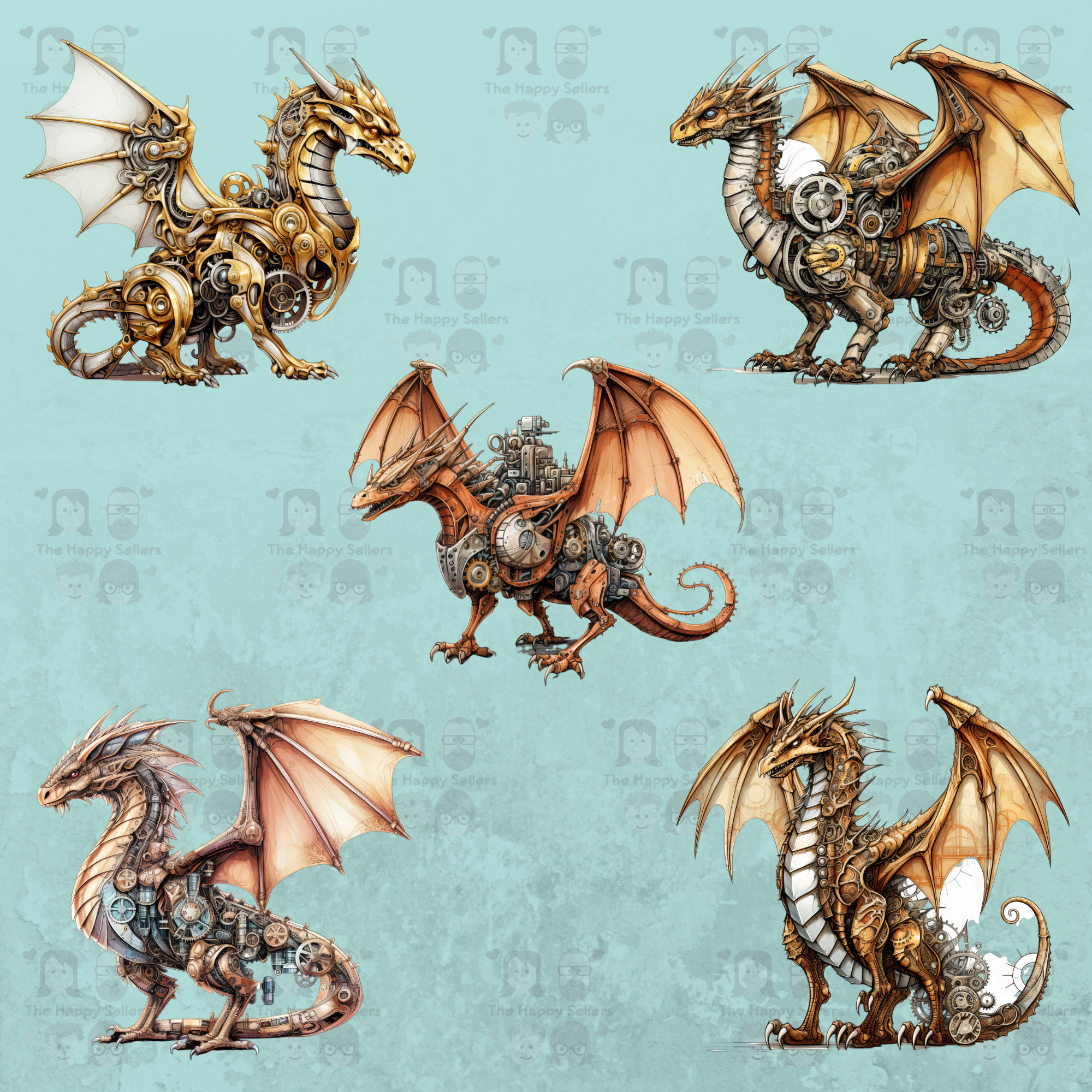 20 Steampunk Dragons Clipart Pack INSTANT DOWNLOAD 20 Mechanical Dragon ...