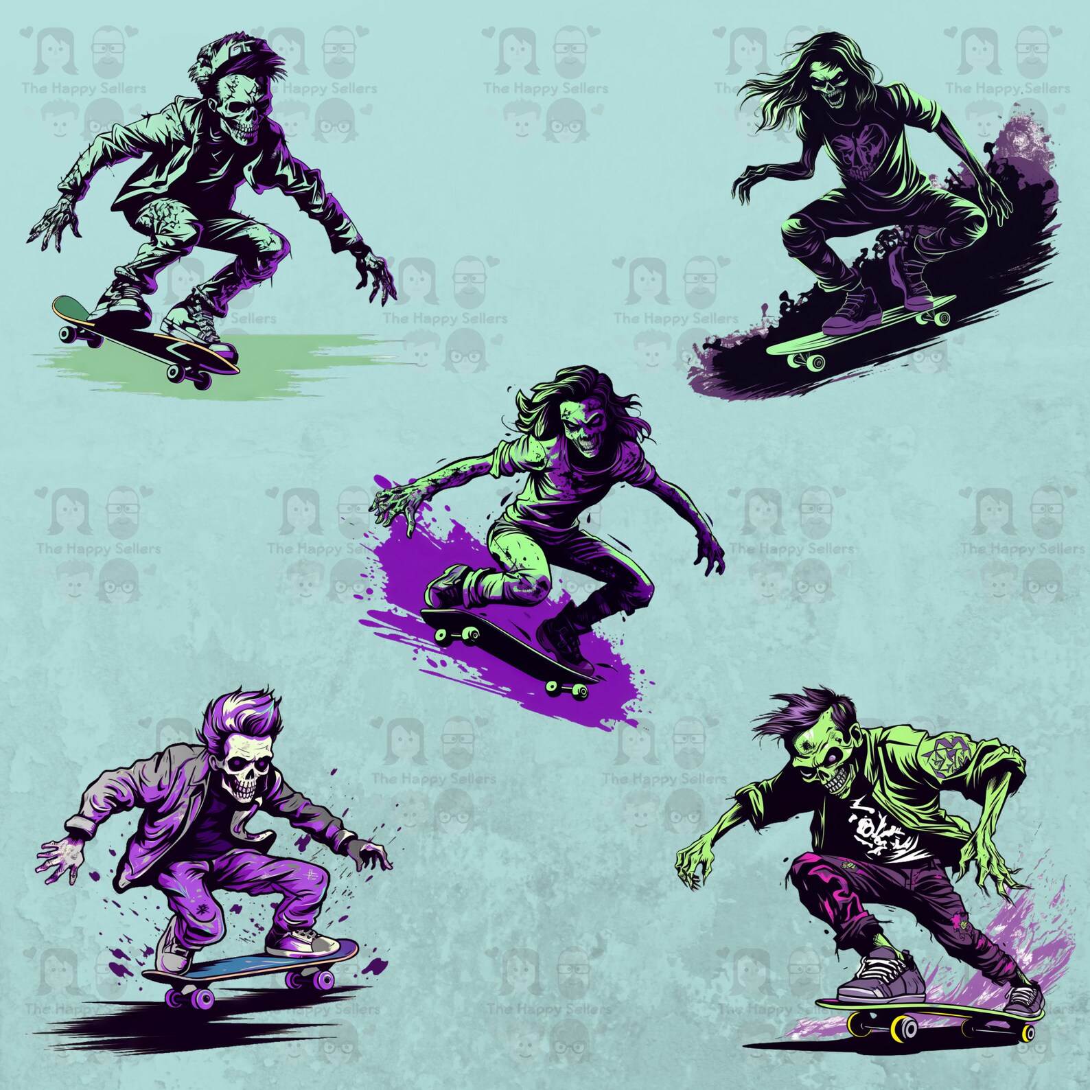 20 Zombie Skaters Clipart Pack INSTANT DOWNLOAD 20 Skateboarding Zombie ...