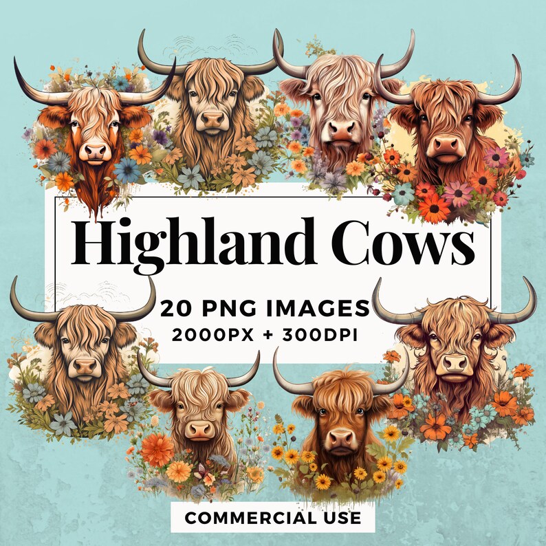 20 Highland Cows Clipart Pack INSTANT DOWNLOAD 20 Adorable Cattle ...