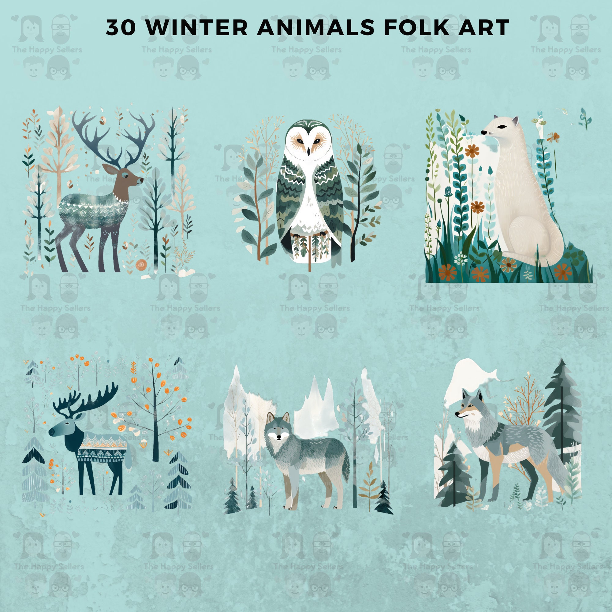 30 Winter Animals Folk Art Clipart Pack INSTANT DOWNLOAD 30 Cozy Animal ...