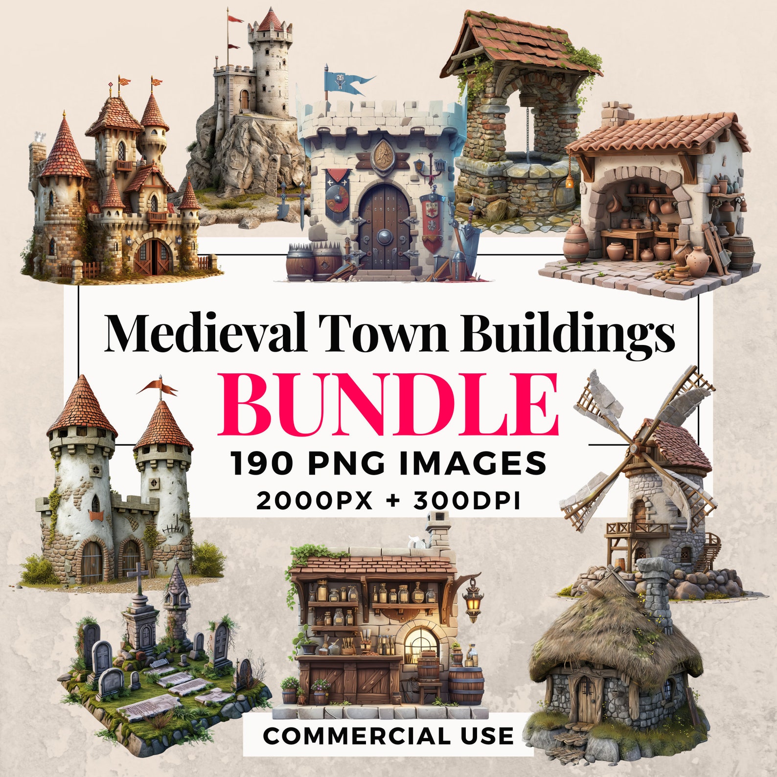 190 Medieval Town Buildings Clipart Bundle - Instant Download, PNG ...