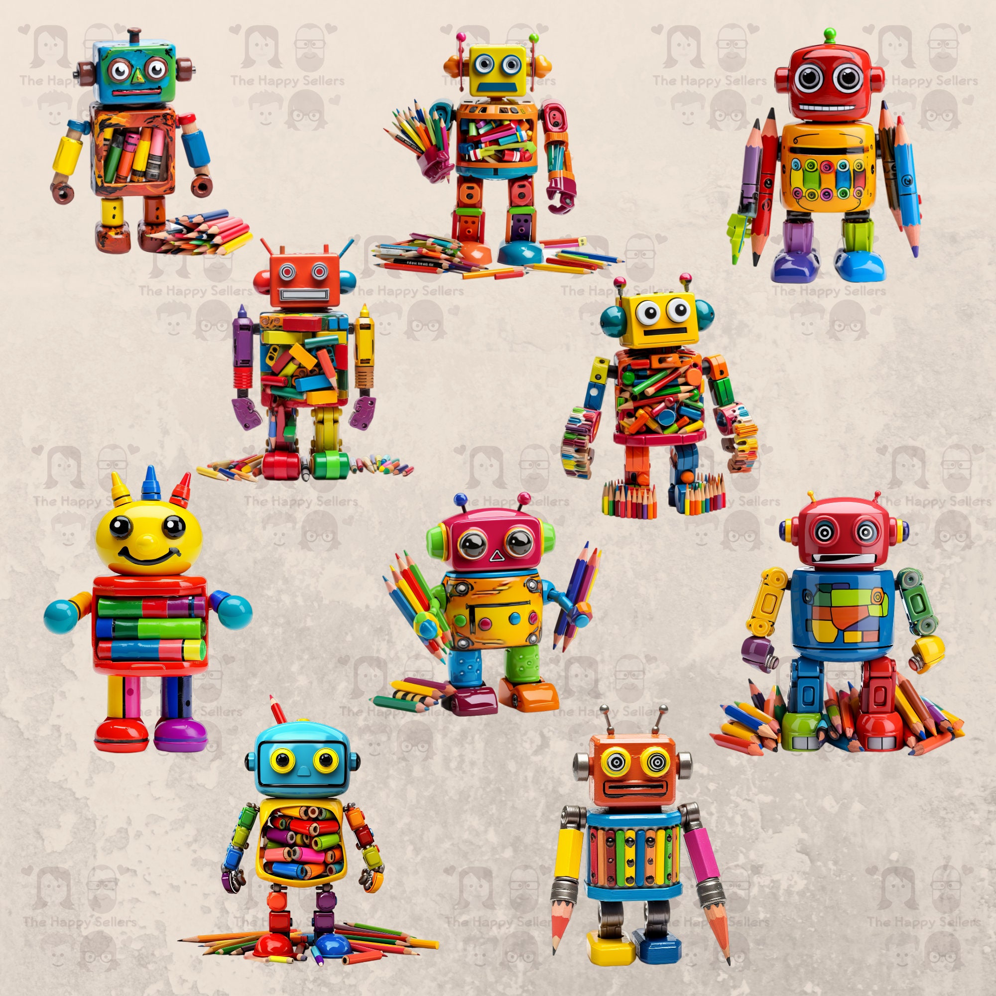40 Crayon Robots Clipart Pack INSTANT DOWNLOAD 40 Playful Crayon Robot ...