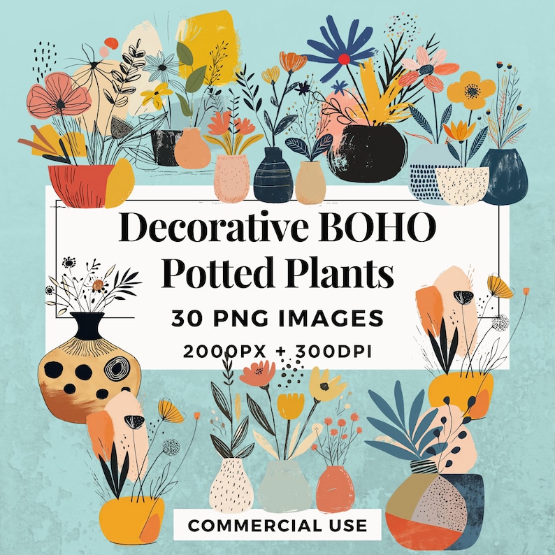 30 Decorative Boho Potted Plants Clipart Pack - INSTANT DOWNLOAD, PNG ...