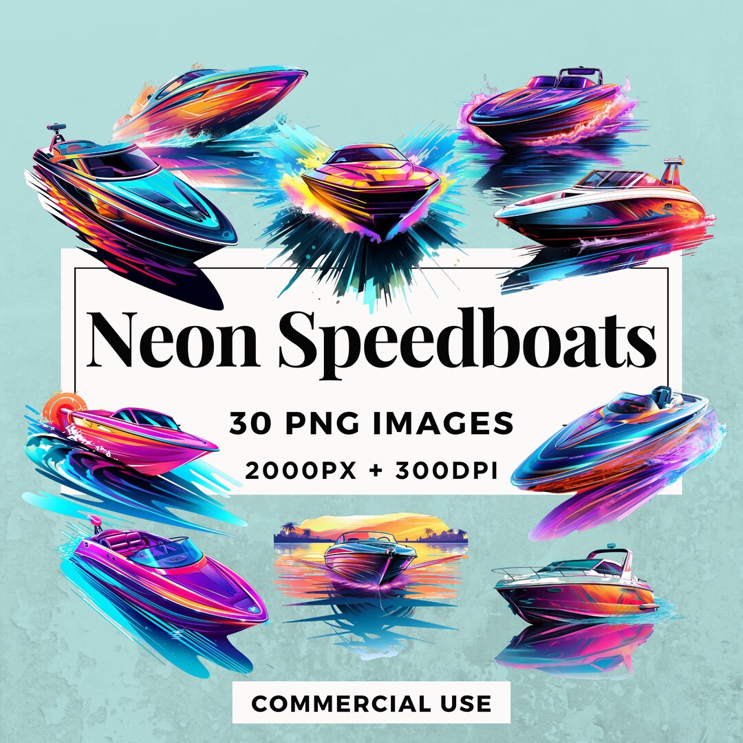 30 Neon Speedboats Clipart Pack INSTANT DOWNLOAD 30 Luminous Speedboat ...