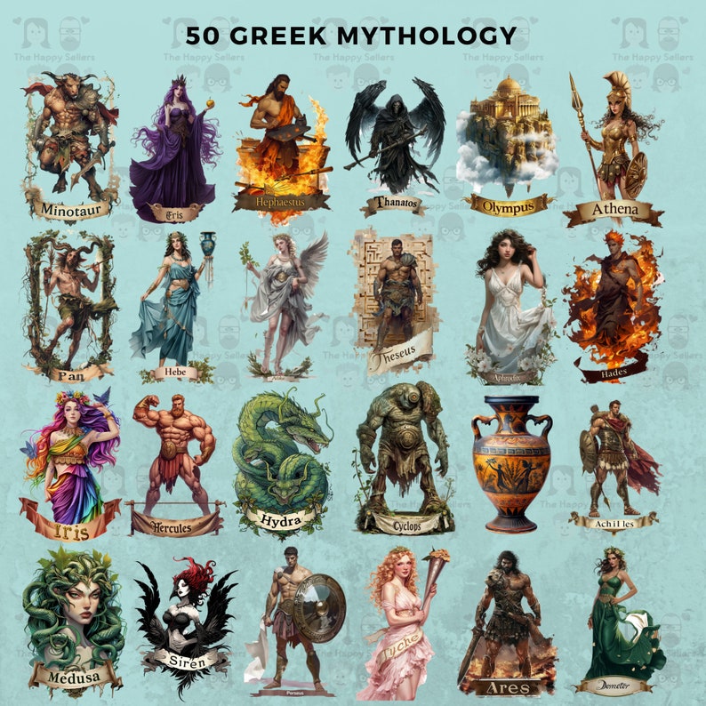 50 Greek Mythology Clipart Pack INSTANT DOWNLOAD Mythical Gods and ...
