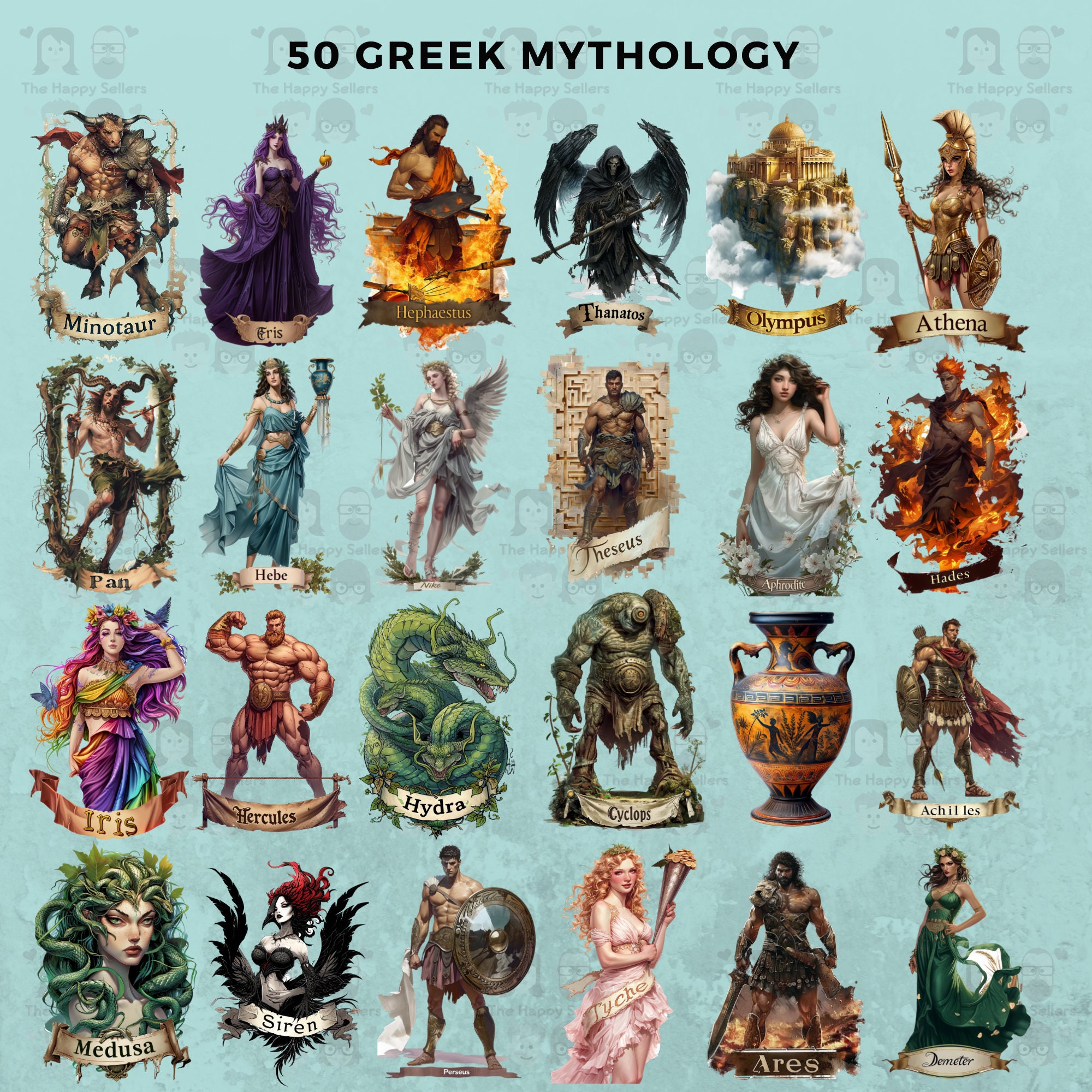 50 Greek Mythology Clipart Pack INSTANT DOWNLOAD Mythical Gods and ...