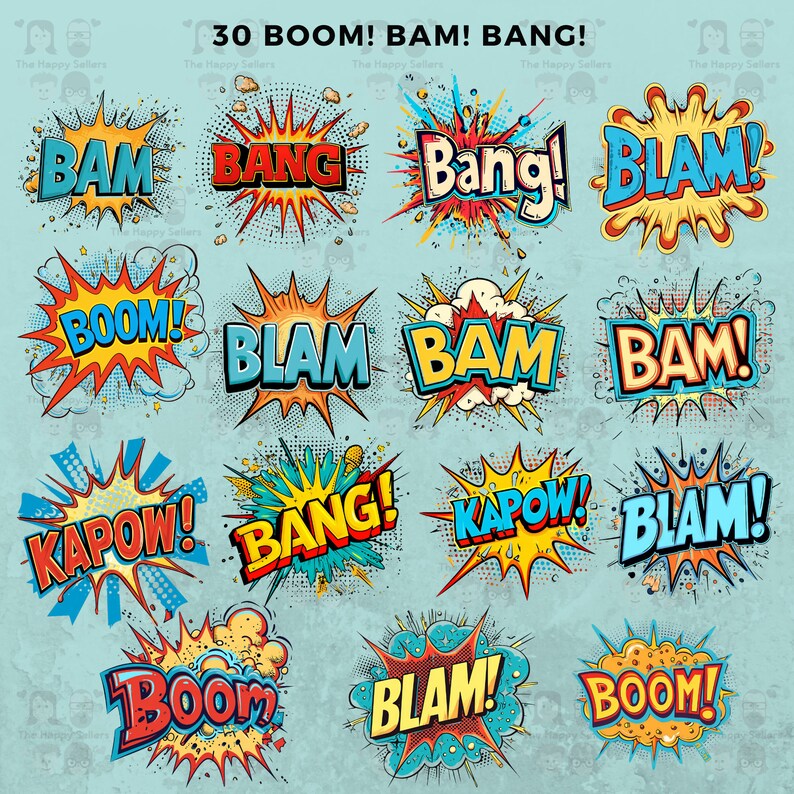 30 Boom! Bam! Bang! Clipart Pack - INSTANT DOWNLOAD, PNG Transparent ...