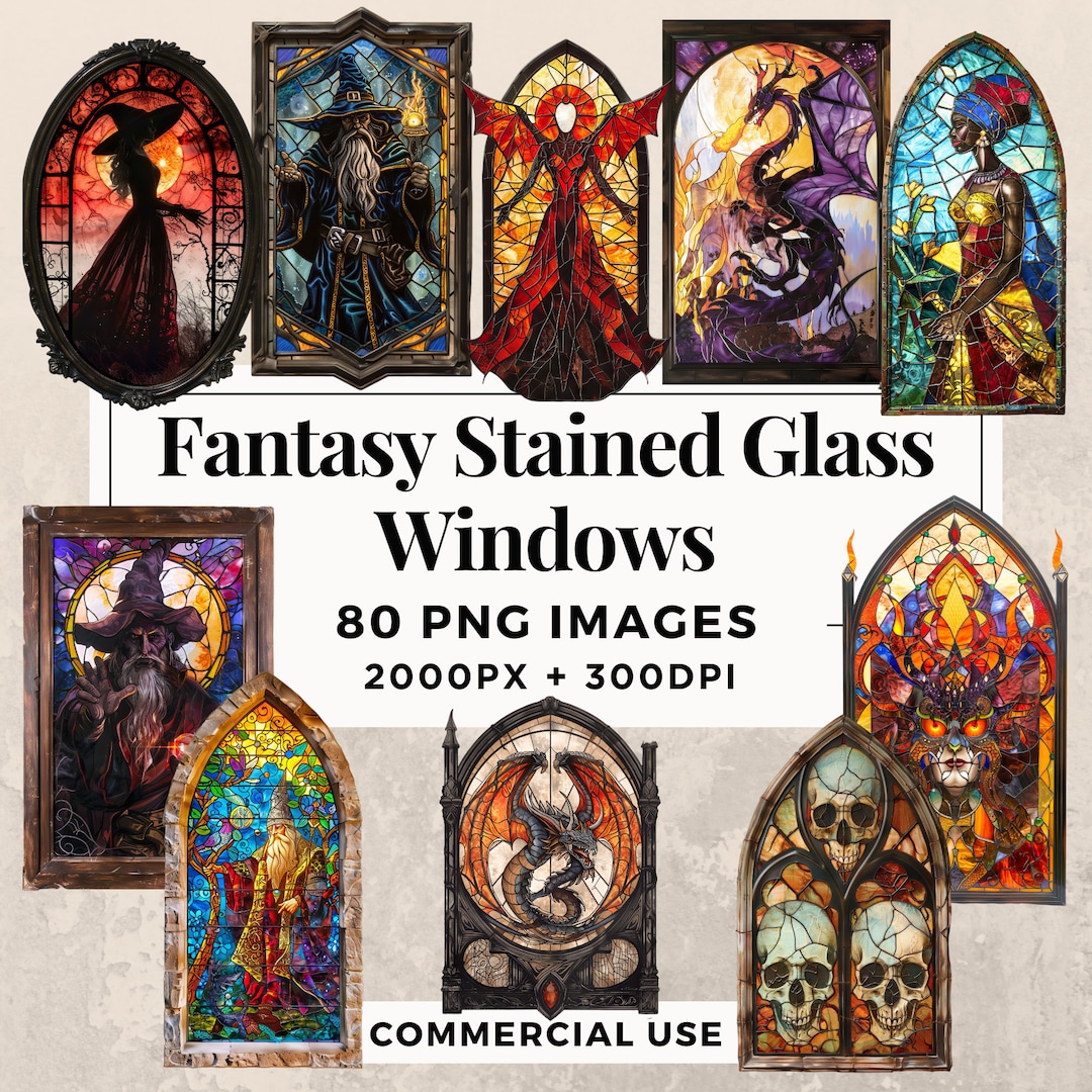 80 Fantasy Stained Glass Windows Clipart Pack - INSTANT DOWNLOAD, PNG ...