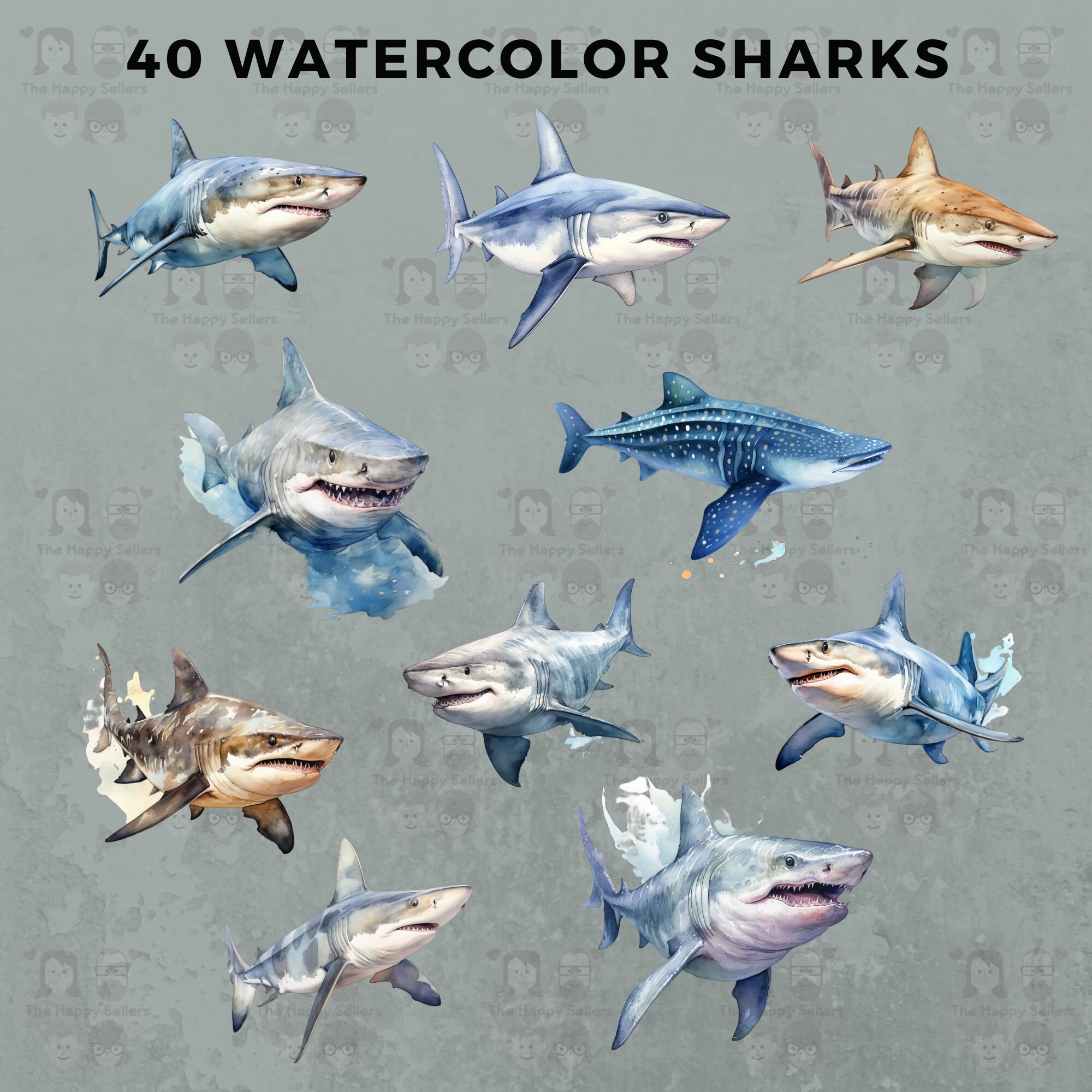 40 Watercolor Sharks Clipart Pack INSTANT DOWNLOAD 40 Shark ...