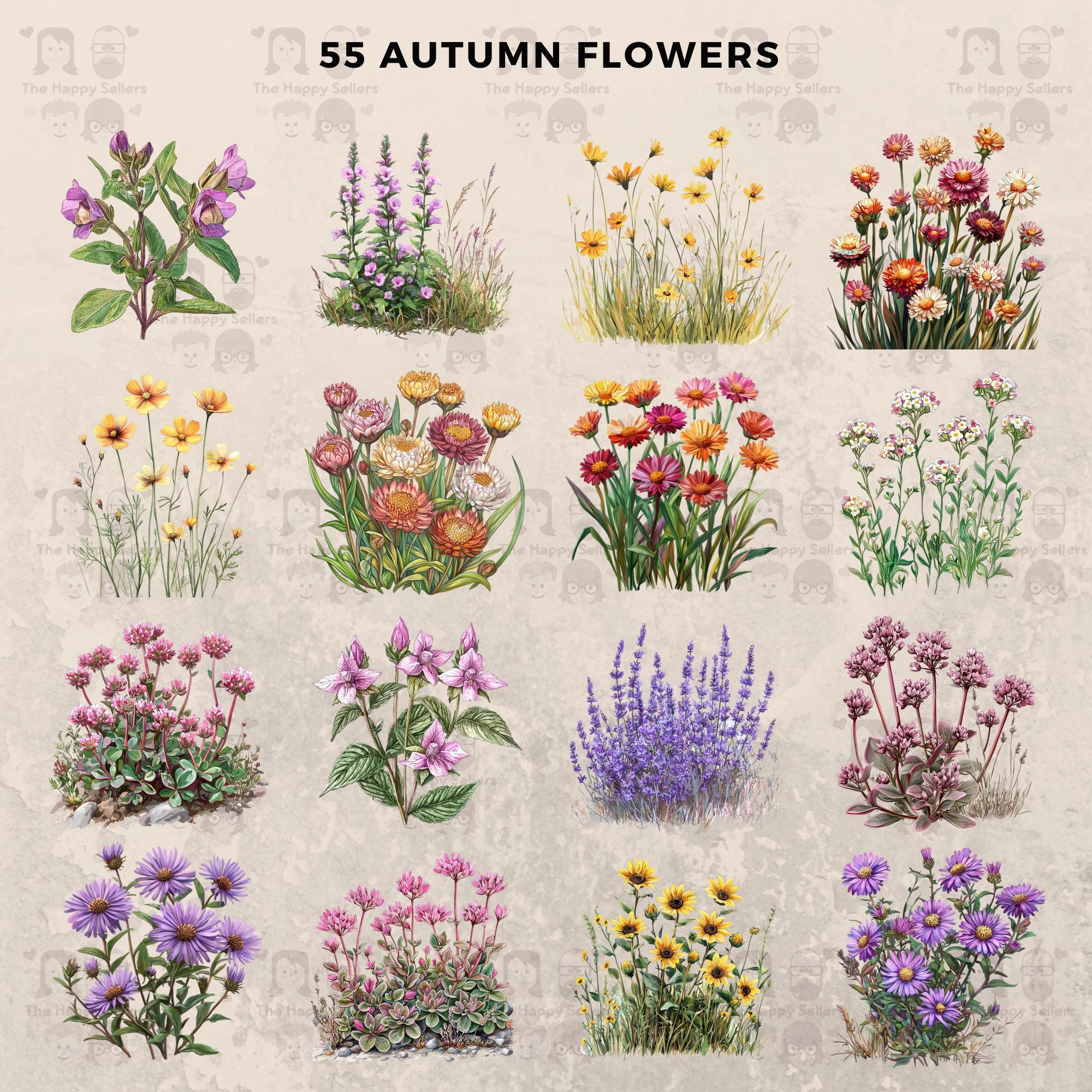 55 Autumn Flowers Clipart Pack INSTANT DOWNLOAD 55 Fall-themed Floral ...