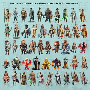 114 Low-poly Fantasy Characters Clipart Bundle - Instant Download, PNG ...