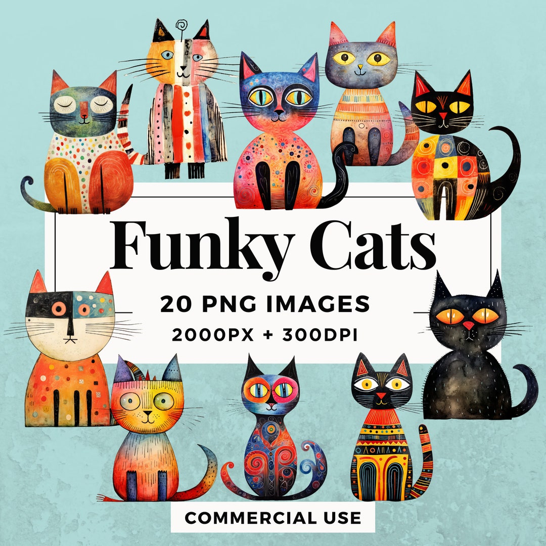 20 Funky Cats Clipart Pack INSTANT DOWNLOAD 20 Groovy Cat Illustrations ...