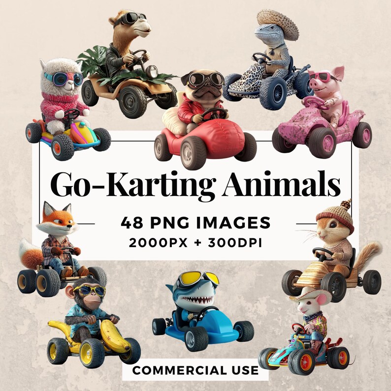 48 Go-karting Animals Clipart Pack INSTANT DOWNLOAD 48 Fun Animal Go ...
