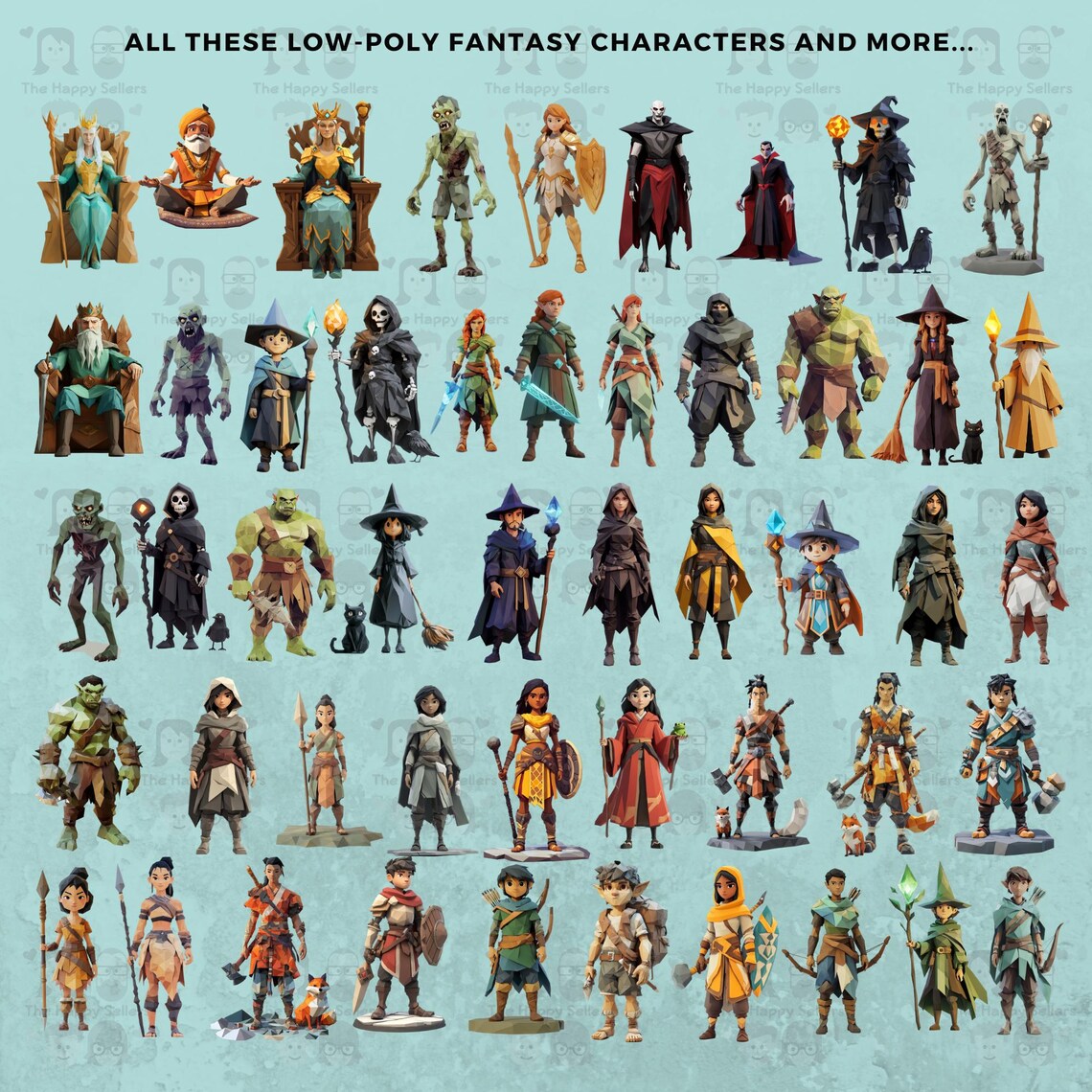114 Low-poly Fantasy Characters Clipart Bundle - Instant Download, PNG ...
