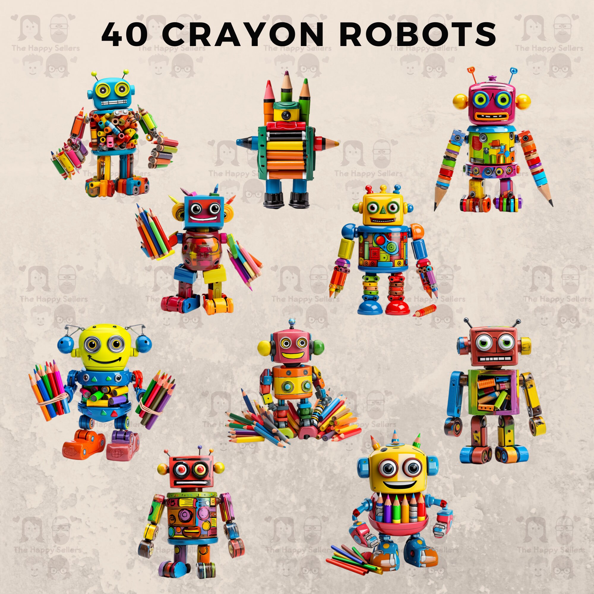 40 Crayon Robots Clipart Pack INSTANT DOWNLOAD 40 Playful Crayon Robot ...