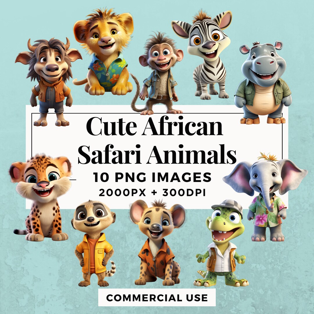 10 Cute African Safari Animals Clipart Pack - INSTANT DOWNLOAD, PNG ...