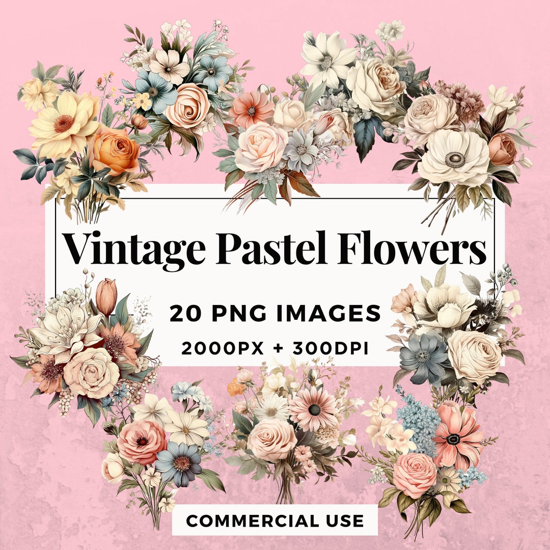 20 Vintage Pastel Flowers Clipart Pack - INSTANT DOWNLOAD, PNG ...