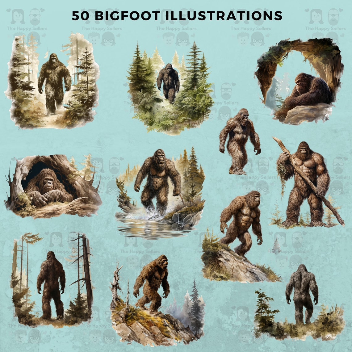 50 Bigfoot Clipart Pack INSTANT DOWNLOAD 50 Sasquatch Illustrations ...