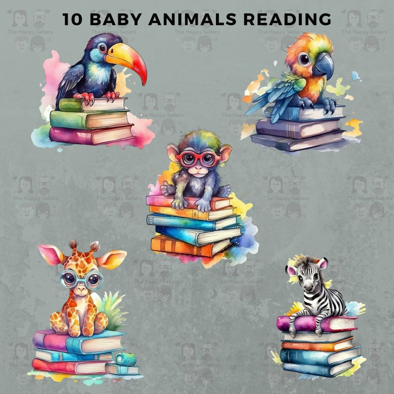 10 Baby Animals Reading Clipart Pack INSTANT DOWNLOAD Wildlife Art, PNG ...