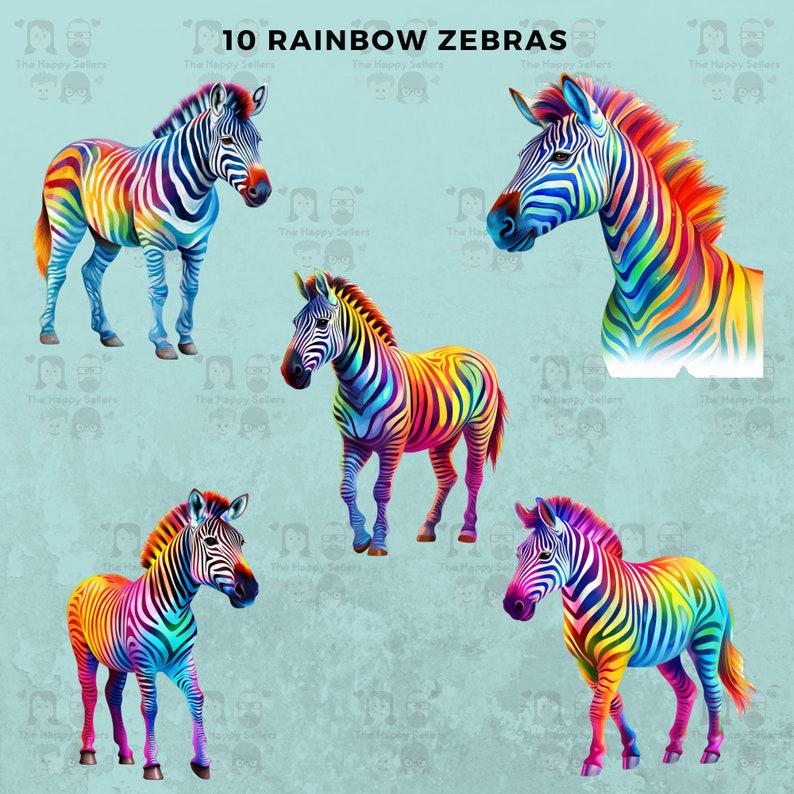 10 Rainbow Zebras Clipart Pack INSTANT DOWNLOAD 10 Playful Rainbow ...