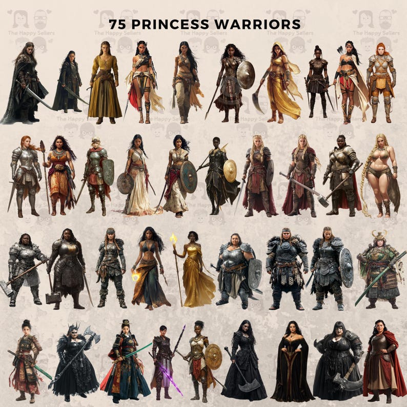 75 Princess Warriors Clipart Pack INSTANT DOWNLOAD 75 Fantasy Warrior ...
