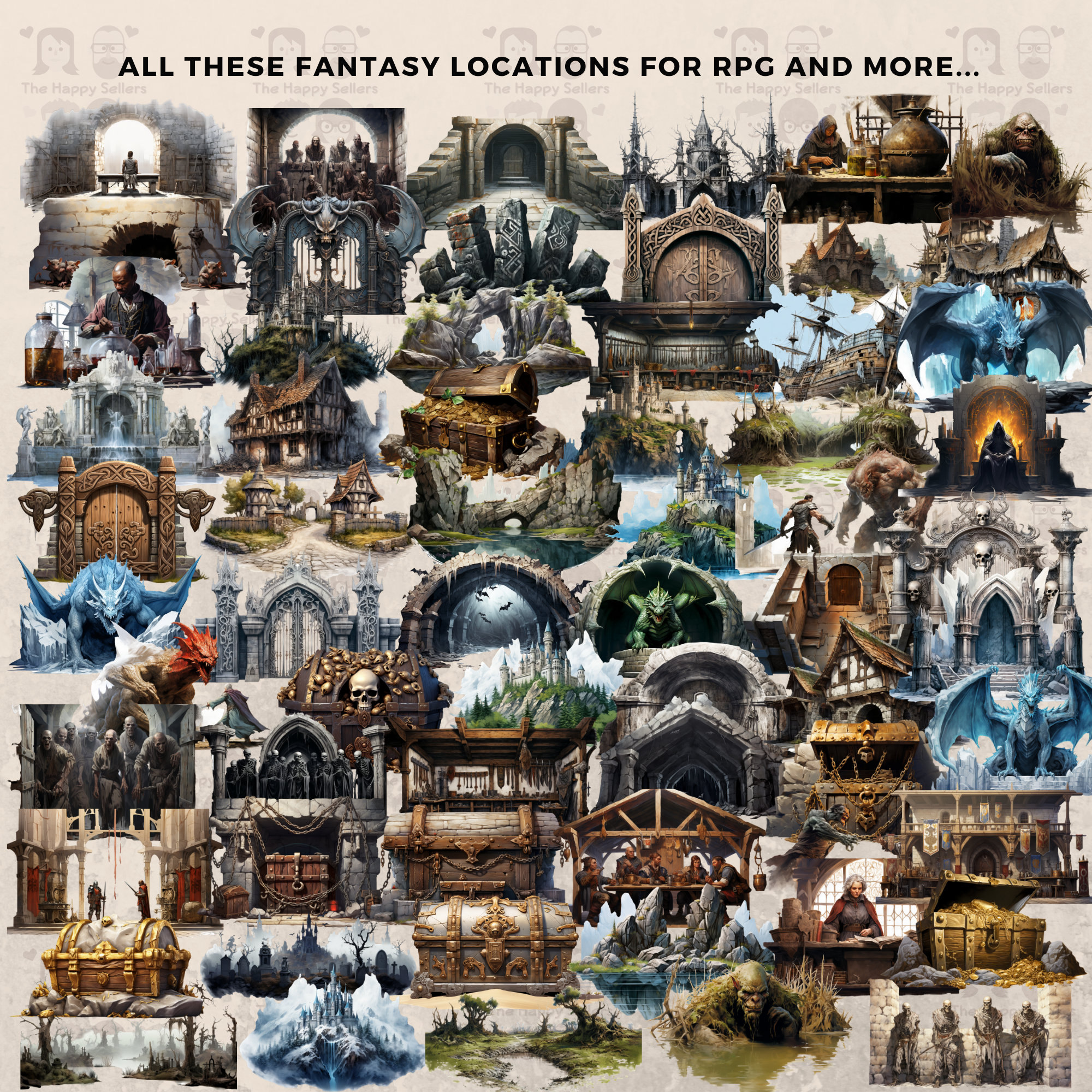 128 Fantasy Locations for RPG #1 Clipart Bundle - Instant Download, PNG ...