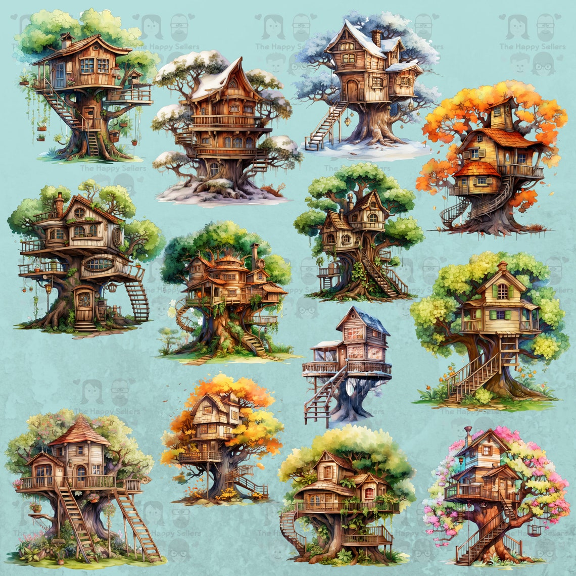 50 Cute Treehouses Clipart Pack INSTANT DOWNLOAD 50 Adorable Treehouse ...