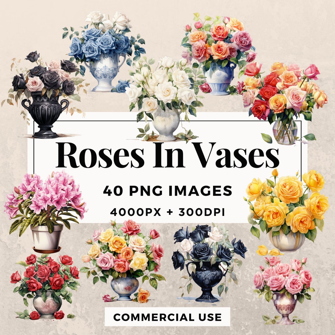 40 Roses in Vases Clipart Pack INSTANT DOWNLOAD 40 Rose Vase ...