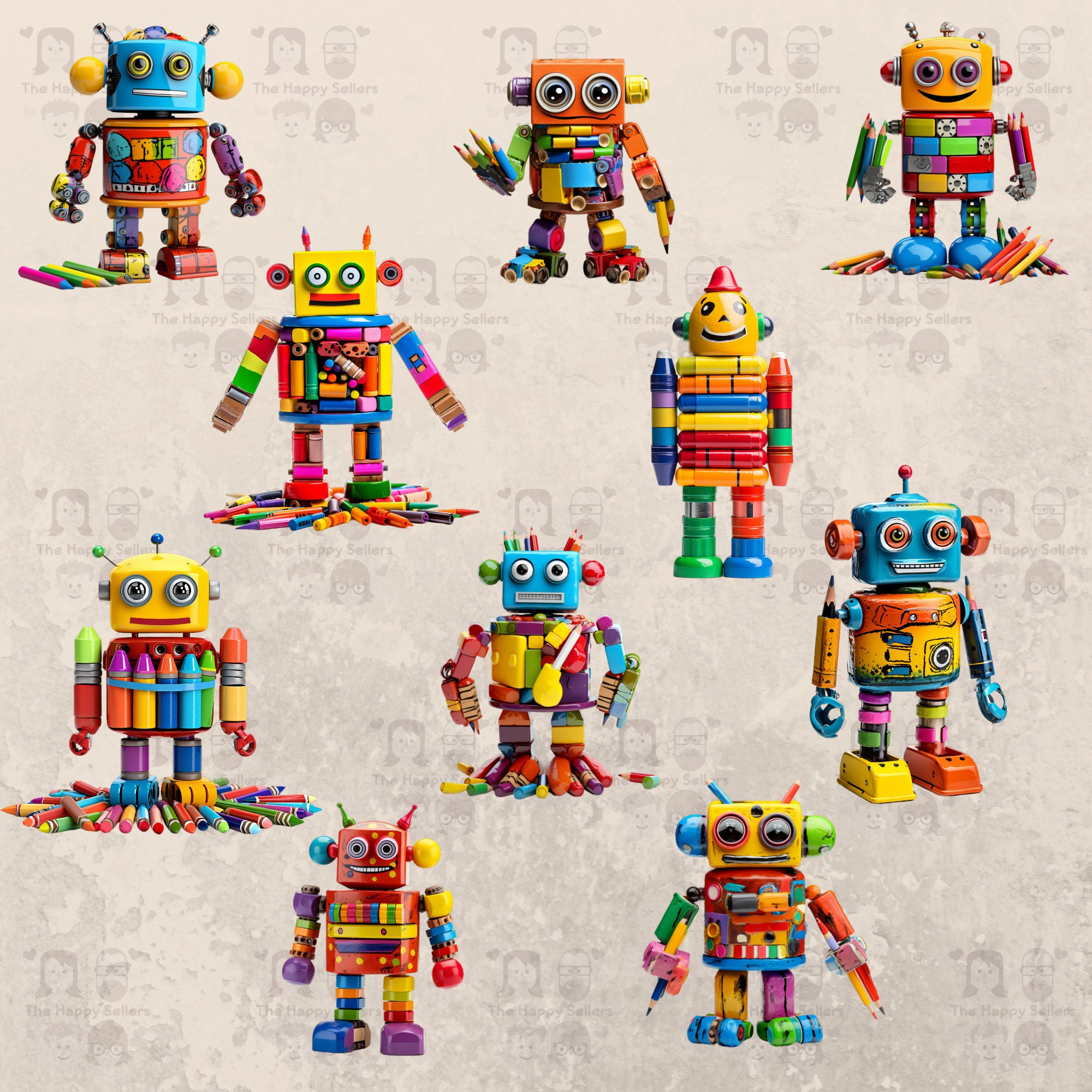 40 Crayon Robots Clipart Pack INSTANT DOWNLOAD 40 Playful Crayon Robot ...