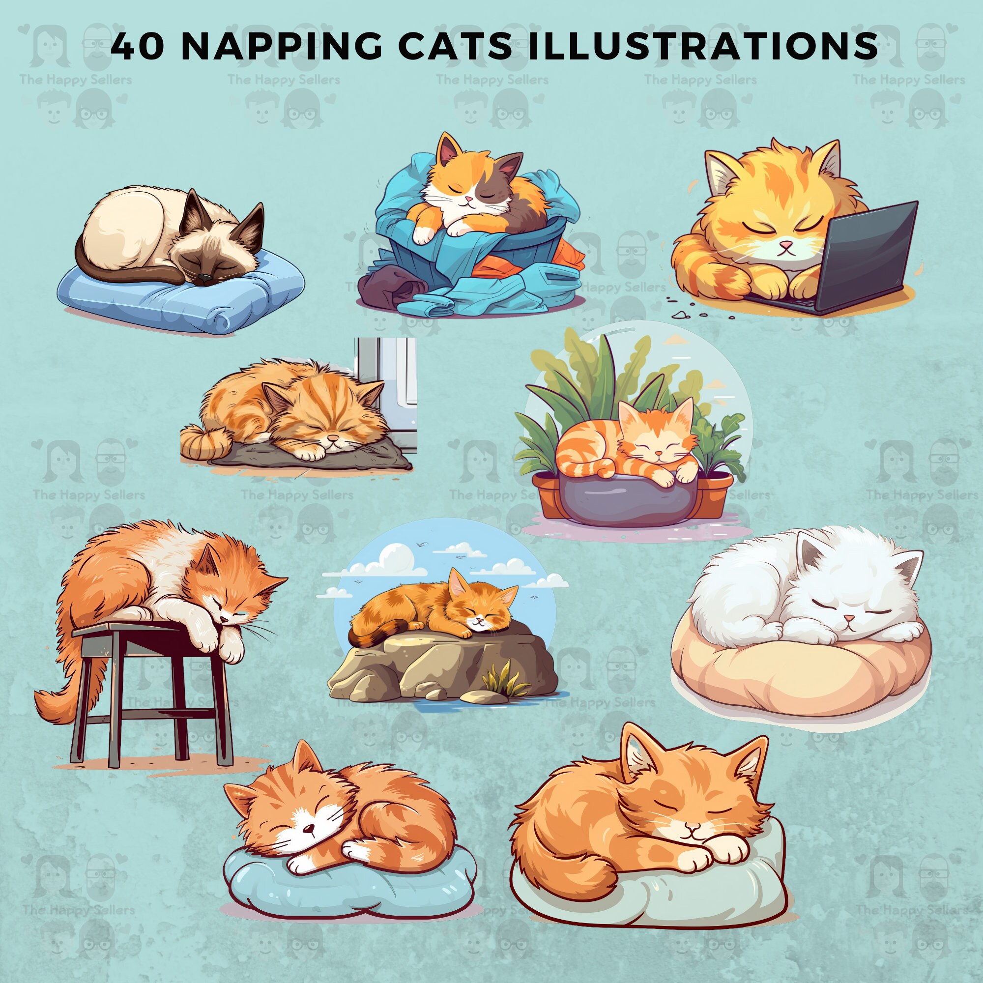 40 Napping Cats Clipart Pack INSTANT DOWNLOAD 40 Cozy Cat Nap ...