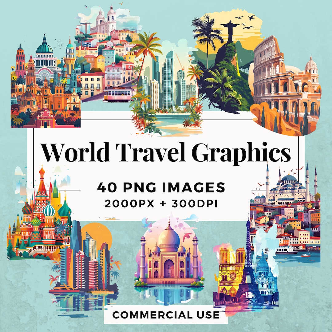 40 World Travel Graphics Clipart Pack INSTANT DOWNLOAD 40 Travel-themed ...