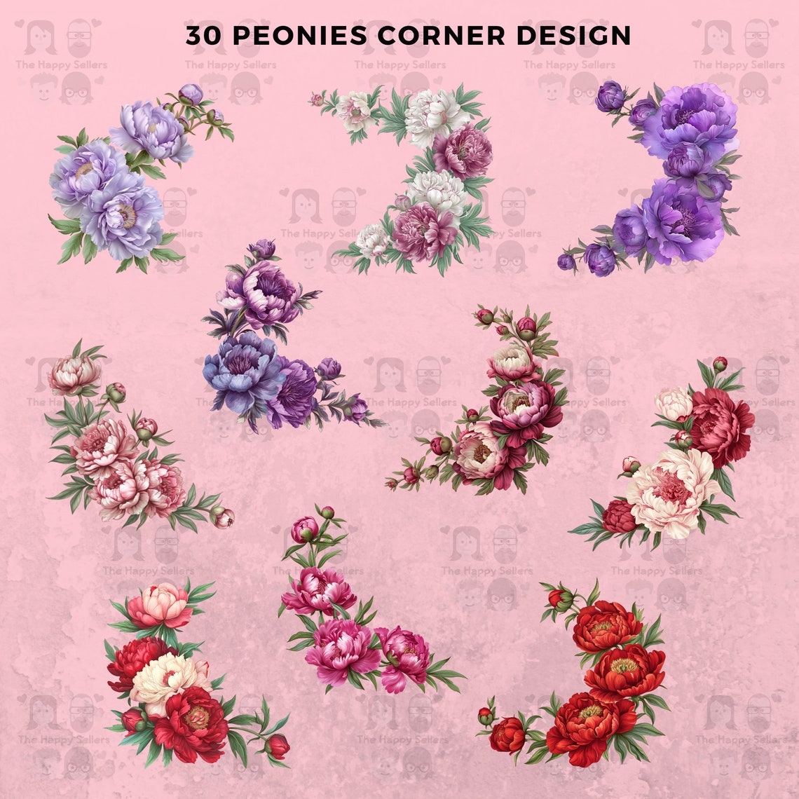 30 Peonies Corner Design Clipart Pack INSTANT DOWNLOAD 30 Peony Corner ...