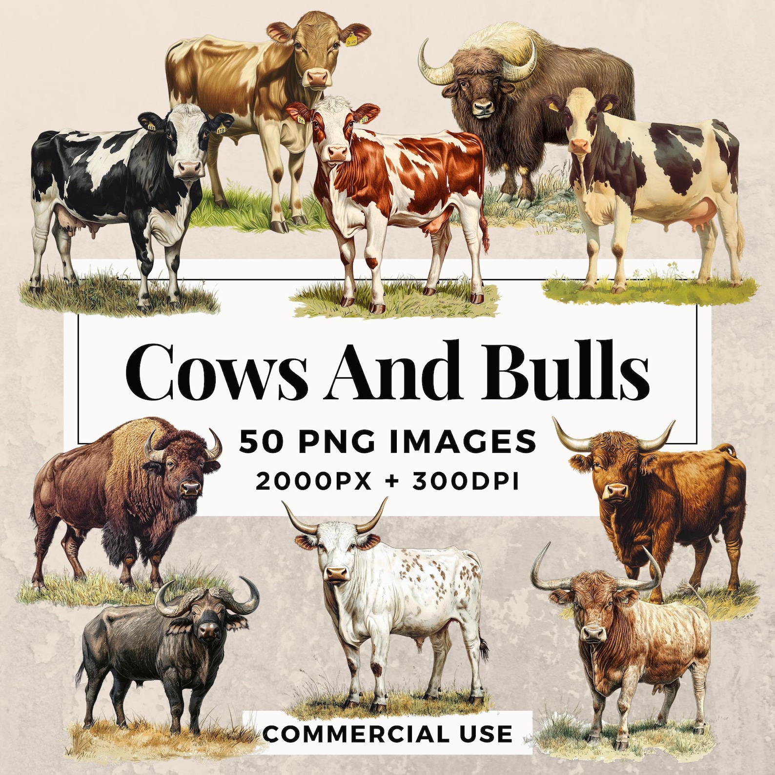 50 Cows and Bulls Clipart Pack INSTANT DOWNLOAD 50 Unique Cattle ...