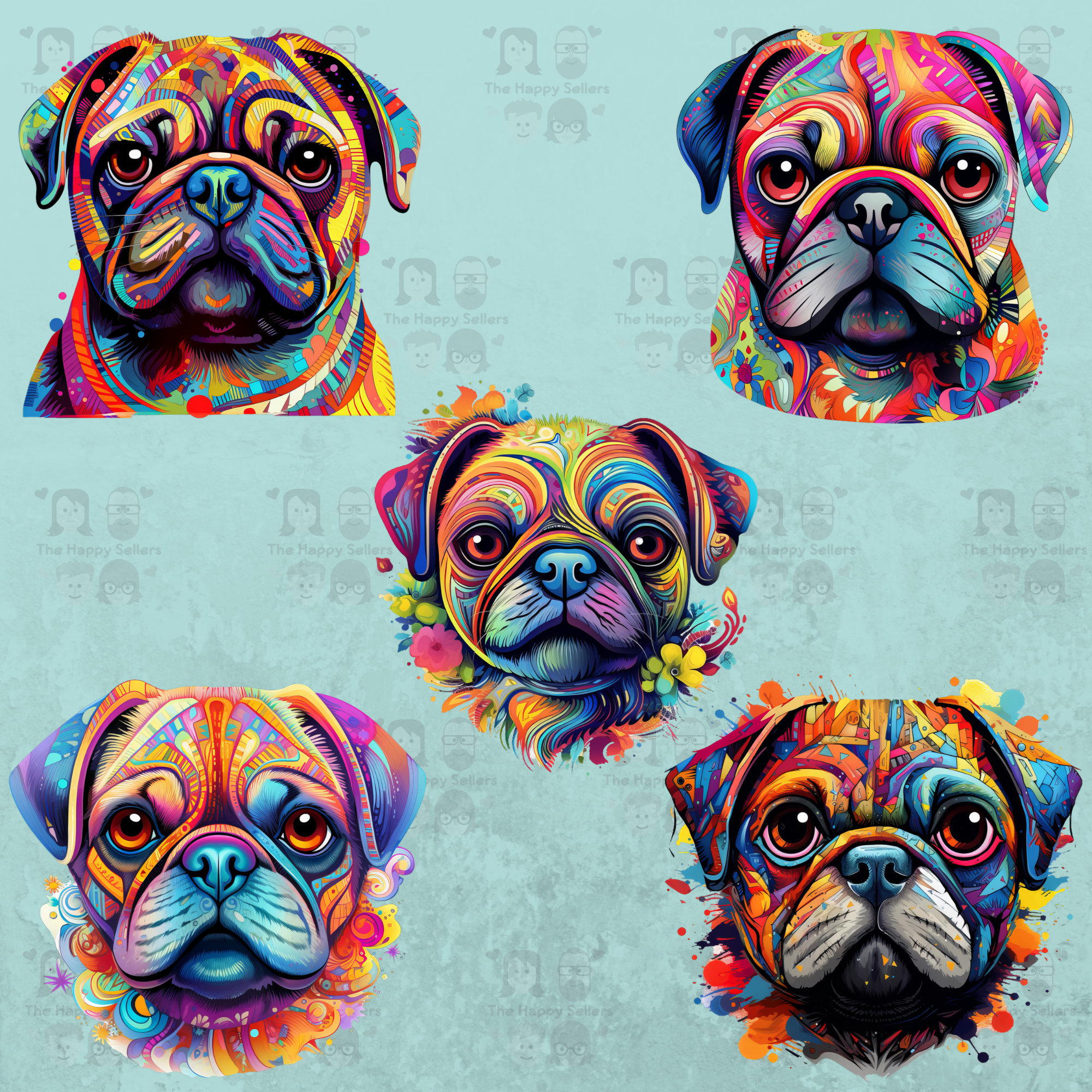20 Cute Colorful Pugs Clipart Pack INSTANT DOWNLOAD 20 Adorable Pug ...