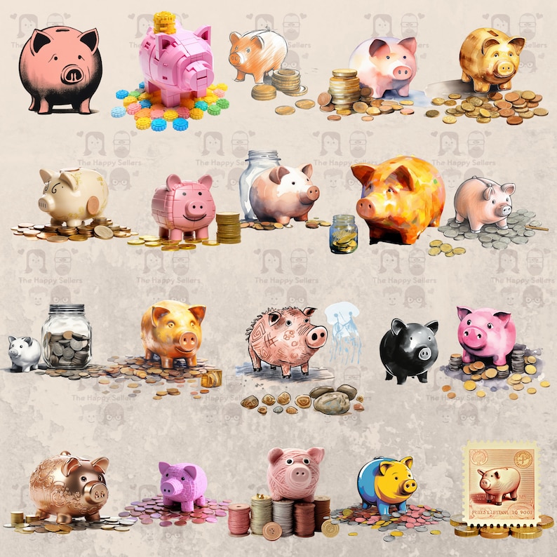 60 Unique Piggy Banks Clipart Pack INSTANT DOWNLOAD 60 Whimsical Piggy ...